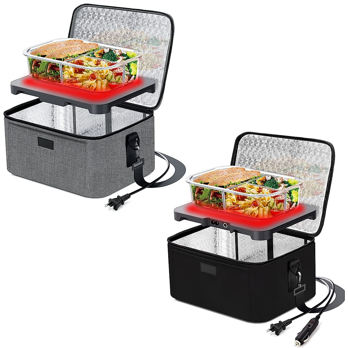 Aotto Portable Oven Food Warmer Lunch Box, 110V Personal Mini Portable Microwave and 3-in-1 Car Food Warmer Bundle (Grey and Black)