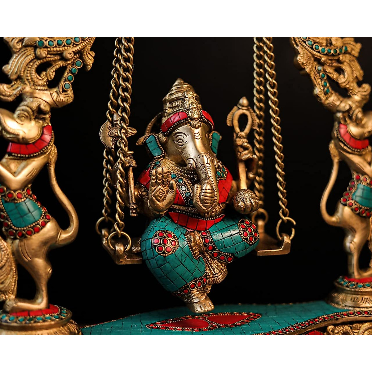 SHIVAJI ARTS Brass Ganesha Statue on Swing, 20 Inch Big Large Ganesh Idol on Jhoola in Brass, Swinging Ganesh Idol, Jhula Ganesh Murti, Showpiece