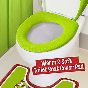 Christmas Decorations - Xmas Bathroom Sets - Grinchs Decor Toilet Seat Cover and Rug for Indoor Home Set of 4 (Red - Green)