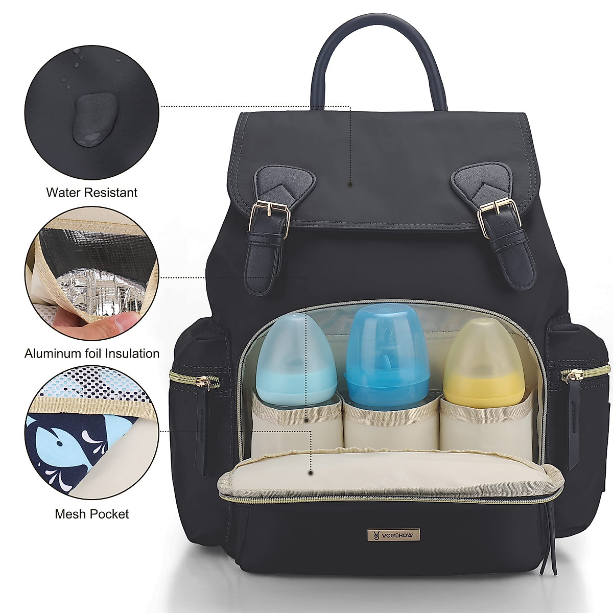 VS VOGSHOW Diaper Bag Backpack, Multifunction Baby Bag Backpack, Modern Baby Diaper Backpack, Stylish Maternity Nappy Bag, Black