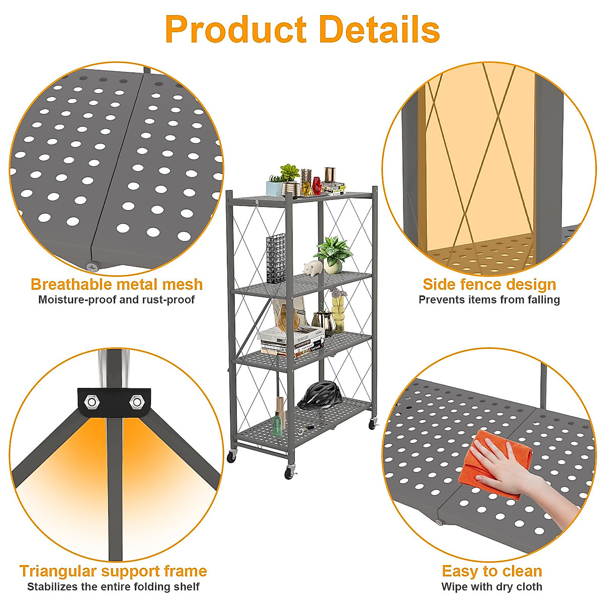 KAERMO 5-Tier Foldable Storage Shelves with Wheels -No Assembly Metal Folding Shelves, Collapsible Shelving Storage Unit Rolling Shelf for Home Garage Kitchen Office (Dark Grey)