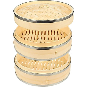 Juvale 2-Tier 10 Inch Bamboo Steamer Basket with Steel Rings - Large Capacity Dumpling, Vegetable Steamer Basket (10x6.5x10 in)