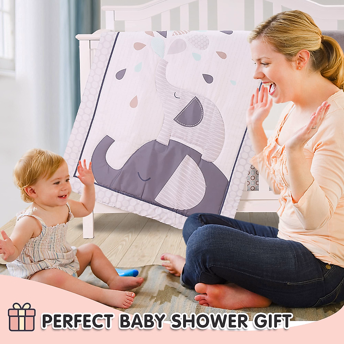 Honkaii Elephants Crib Bedding Sets for Boys 4 Pcs, Baby Girls Bedding Set Included Comforter, Fitted Sheet, Crib Skirt & Diaper Stacker for Nursery Standard Size Neutral (Gray)