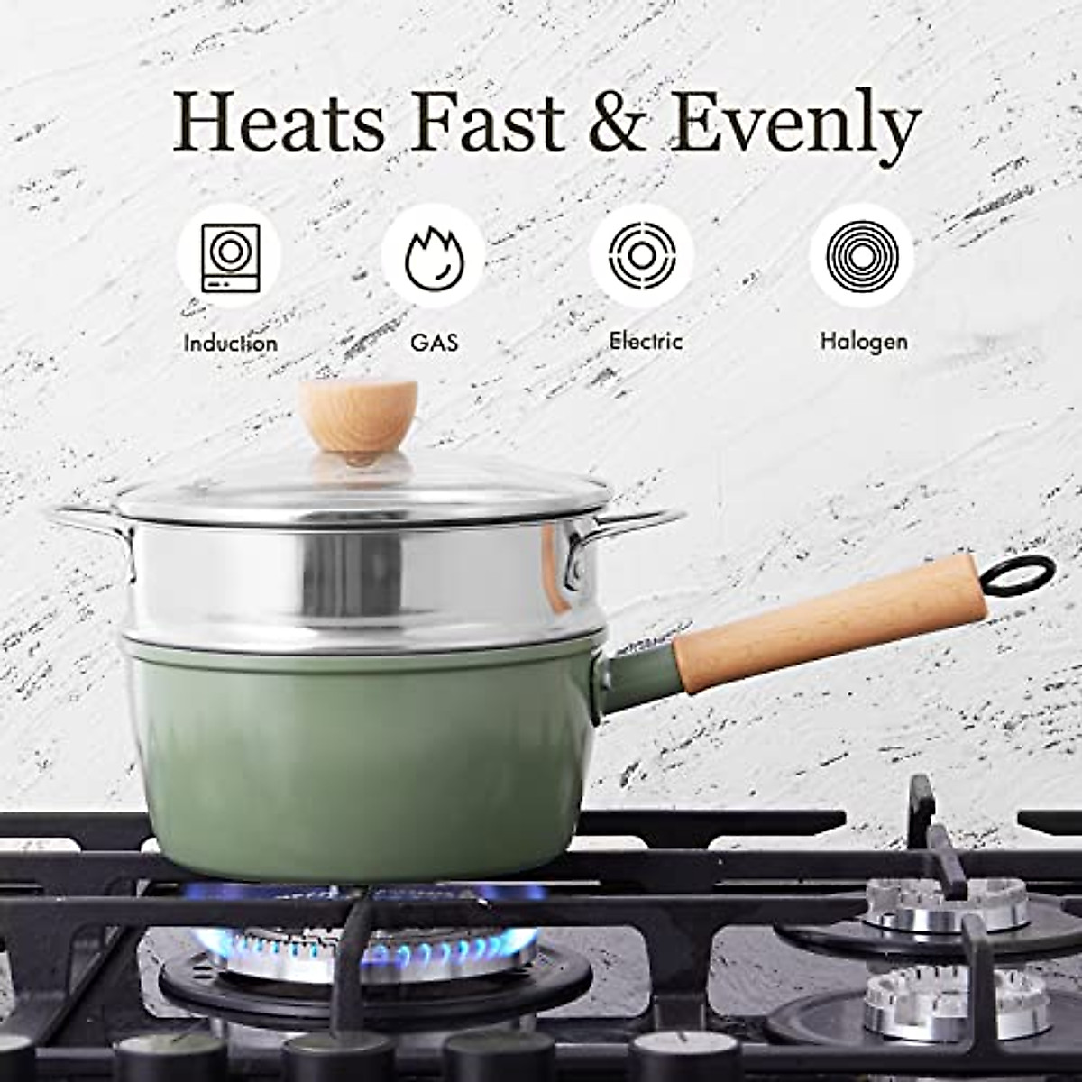 ROCKURWOK Ceramic Nonstick Sauce Pan, 1.5QT and 2QT Saucepan Pot Set, PFAS-Free, Non Toxic & PFAS-Free, Wooden Handle for Cool Touch, Universal Base(Gas, Electric & Induction), Green