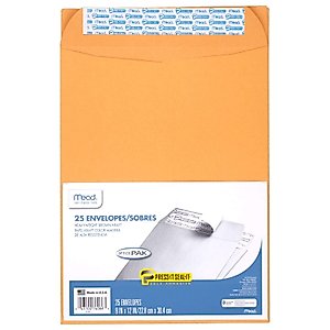 Mead Letter Size Mailing Envelopes, Press-It Seal-It Self Adhesive Closure, All-Purpose 24-lb Paper, 9" X 12", Brown Kraft Material, 25/Pack (76086)