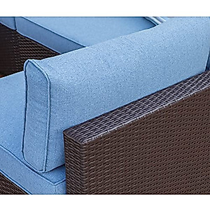 SUNBURY Outdoor Sectional 7-Piece Espresso Brown Wicker Sofa Patio Furniture Set w 2 Stripe Pillows, Denim Blue Cushions, Tempered Glass Table, Weatherproof Cover for Backyard