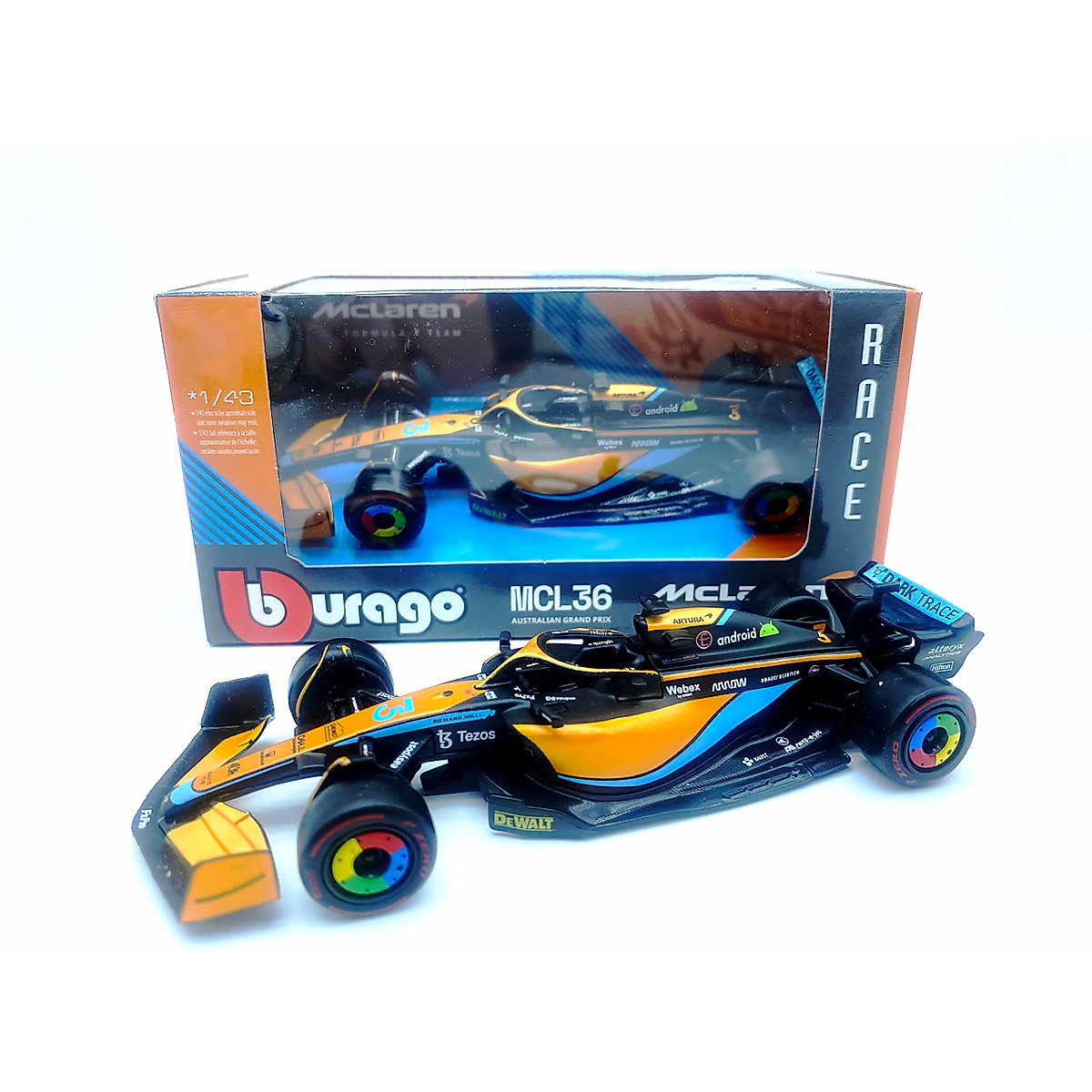 HTLNUZD Bburago 1:43 2022 F1MCL36#3 Daniel Ricciardo 1/43 MCL36#3 Formula One Diecast Alloy Luxury Collectible Toy Car Model
