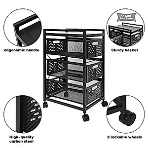 YSSOA Office Vertical File Cabinet with 3 Drawers, Mesh Storage Drawer Cart with Lock on Wheels, Printer Stand Filing Cabinet for A4, Letter Sized Document with Durable Steel Construction, Black