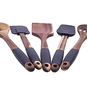 TOOKSA- Premium 5 Piece Acacia Multi-Toned Light and Dark Wooden Spoon, Turner and Spatula Utensil Set with Silicone, Rubber, Non-Slip Handles (Black)