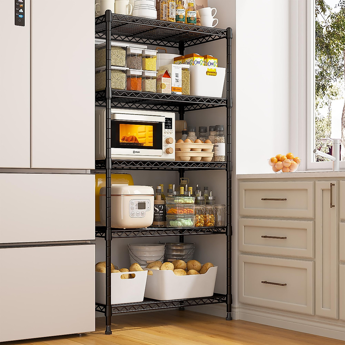 REIBII 1000LBS Wire Shelving Unit, 5 Tier Adjustable Metal Storage Shelves for Kitchen Pantry Office Steel Organizer Wire Rack for Narrow Space College Dorm School, 13.4" D x 23.2" W x 60" H, Black