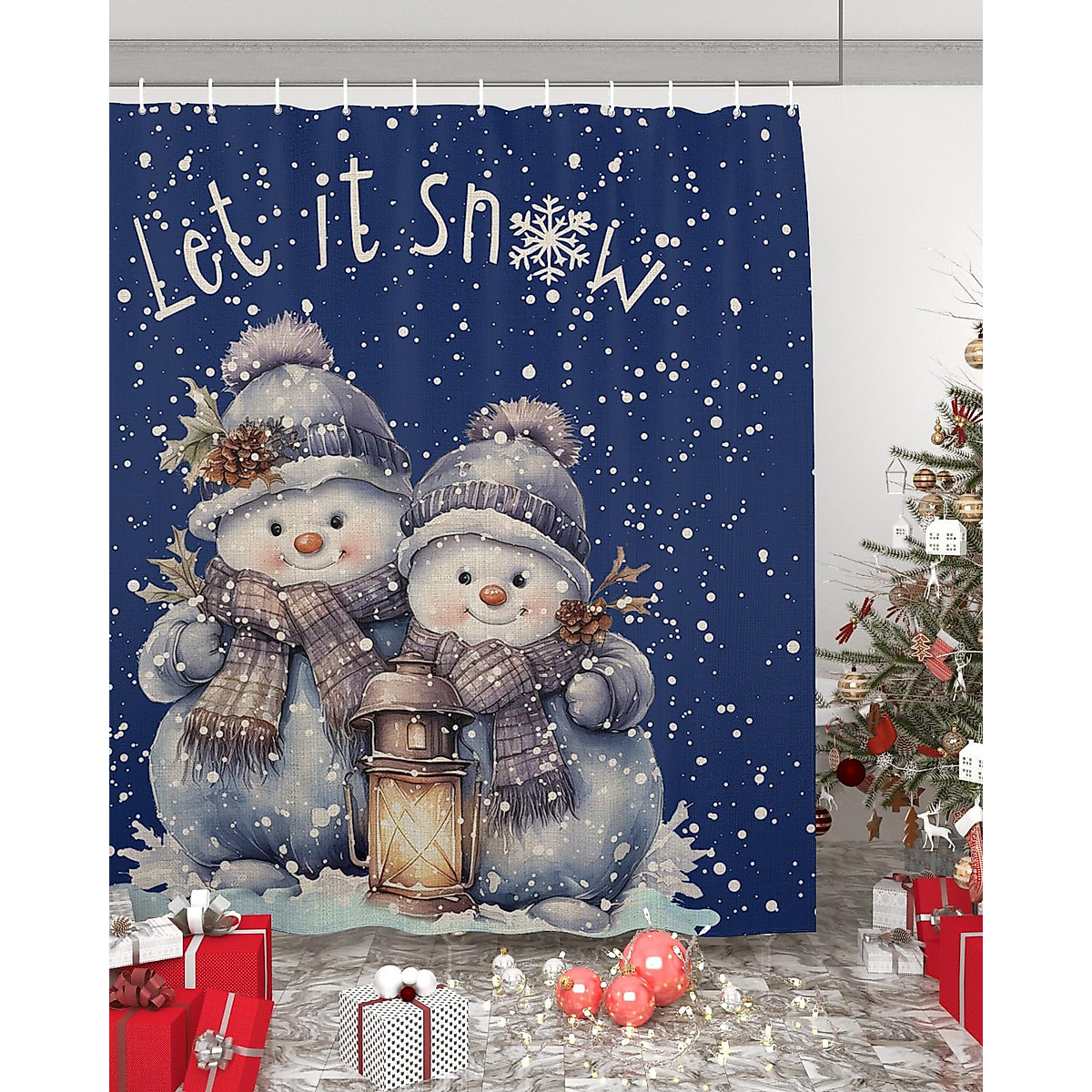 Navy Blue Snowman Christmas Shower Curtain, Xmas Pine Cones Botanical Stall Shower Curtains for Bathroom/Bathtub, Winter Snowflake Waterproof Fabric Shower Curtain Set with 12 Hooks, Standard 72"x72"