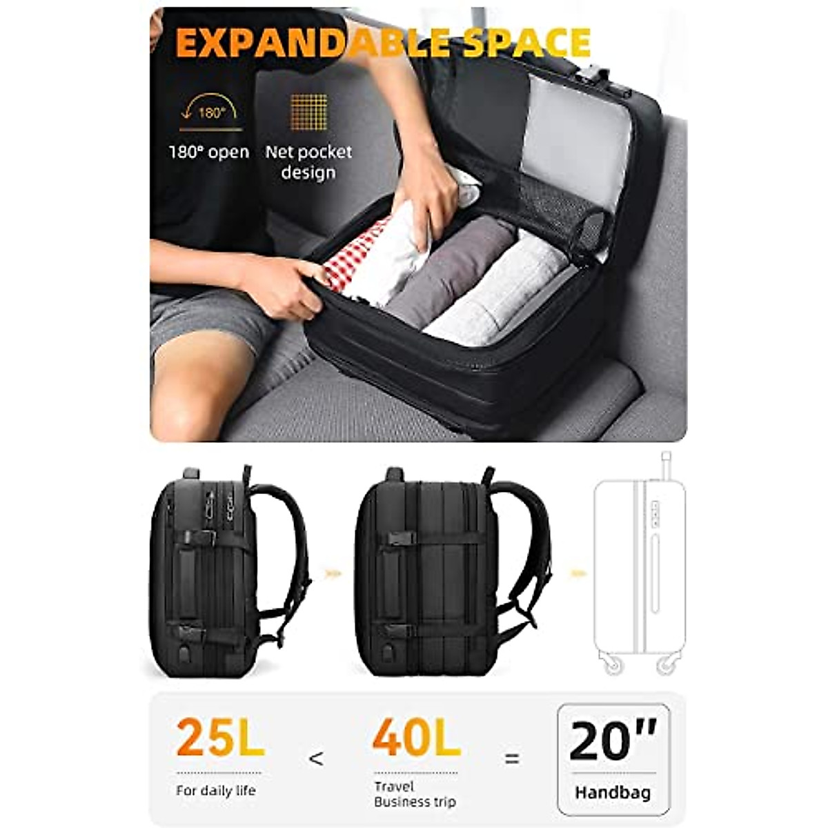 Laptop Backpack,Mark Ryden 17.3 inch Carry-on Business Backpack Men, Laptop bag with USB Charging Port, Waterproof,Hand Luggage Backpack For Men(Expandable 26L-40L)