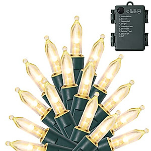 WATERGLIDE 50 LED Outdoor Christmas Lights, 16 FT Battery Operated Mini String Lights with 8 Modes & Timer, Xmas Tree Lights Waterproof for Patio Garden Party Wedding Holiday Decor, Warm White