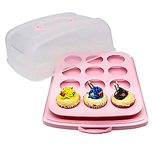 ZOAJU Pink Cake and Cupcake Carrier with Collapsible Handles, Portable Cake Holder Box Holds up to 11"(L) X 7"(W) Cake or Less for Transports Pies, Muffins, Cookies and Other Desserts