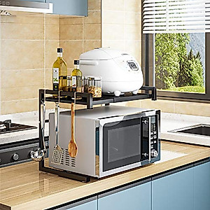 TAGLINES Expandable Metal Microwave Oven Rack Shelf Kitchen Supplies Tableware Storage Carbon Stainless Steel Counter Rice Cooker Stand Contains 2 Tiers with 3 Hooks Black