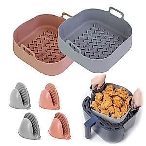 2pcs Air Fryer Silicone Liners Pot Basket 8 Inch Food Safe Non Stick Air Fryer Accessories Reusable Replace Parchment Air Fryer Liner Paper, Fits 3.6 To 6.8QT Air Fryer Square with Heat-proof Gloves