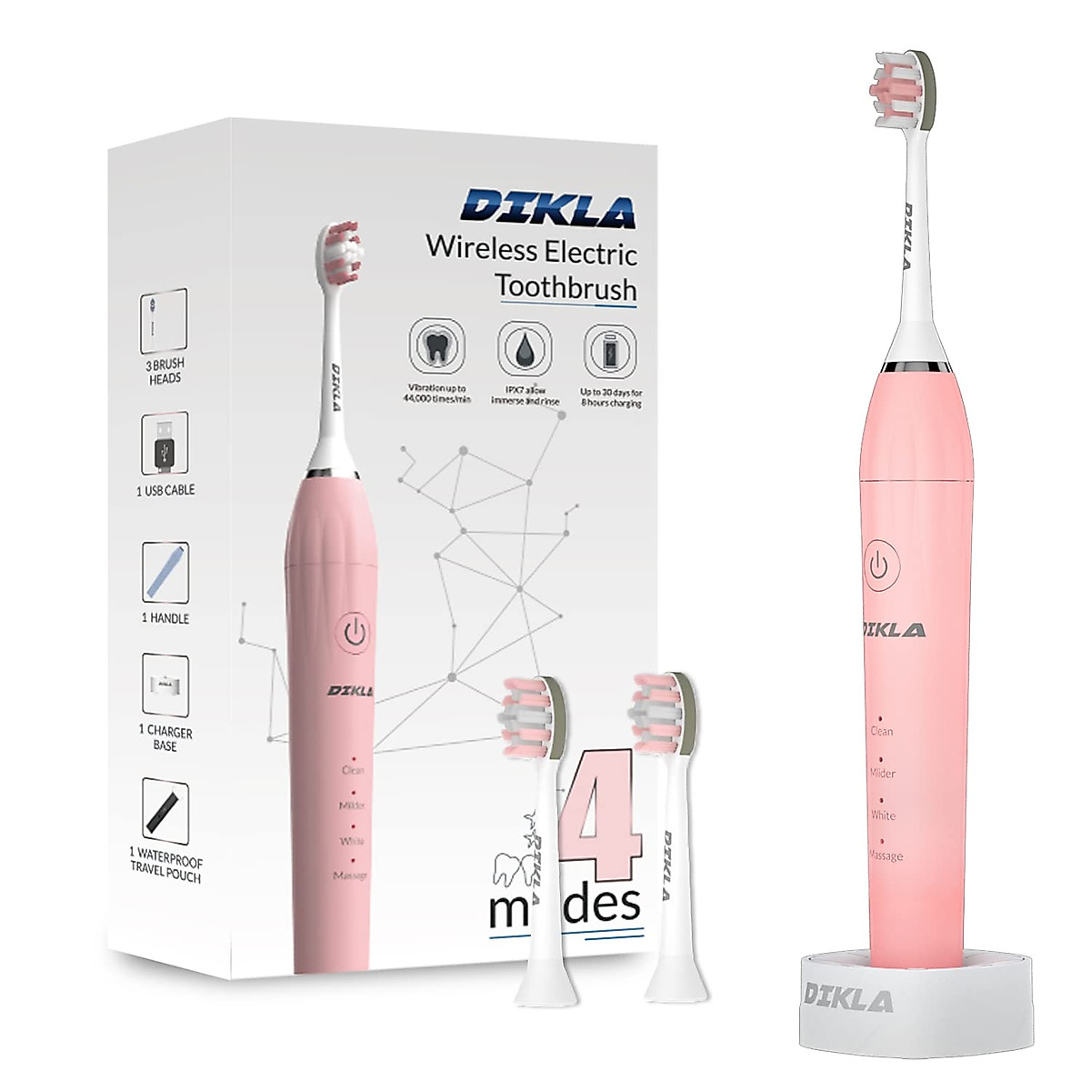 DIKLA Sonic Electric Toothbrush for Adults Dissolve Plaque on Teeth, Vibrating Toothbrush 4 Modes with Smart Timer 44,000 VPM Motor Whitening Rechargeable Cordless Fast Charge(Pink)