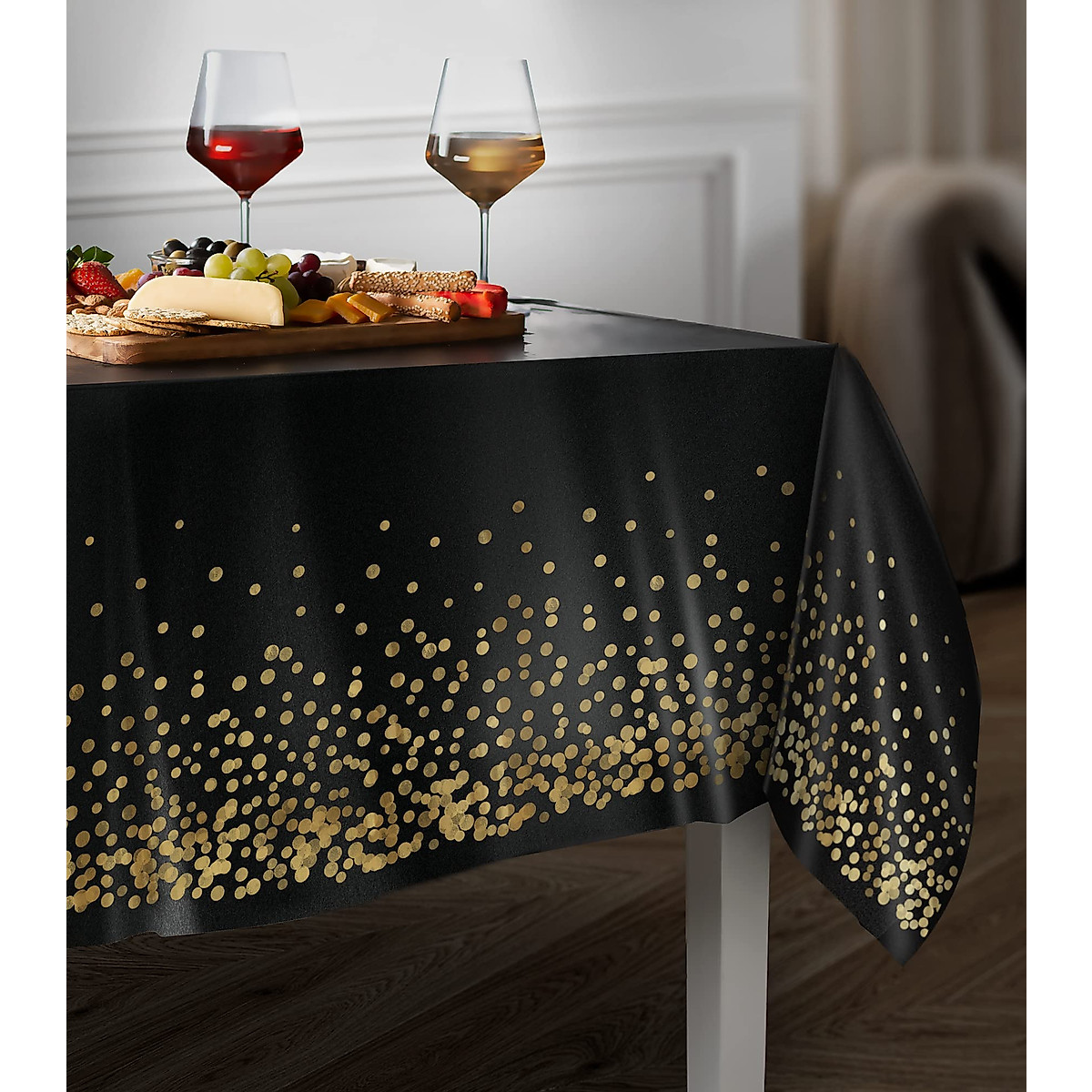 Prestee Black and Gold Table Cloths for Parties, 4pk, 54"x108" - Gold Dot Plastic Tablecloths, Black Tablecloth, Black and Gold Party Decorations, Paper Tablecloth for BBQ, Party, Fine Dining, Wedding