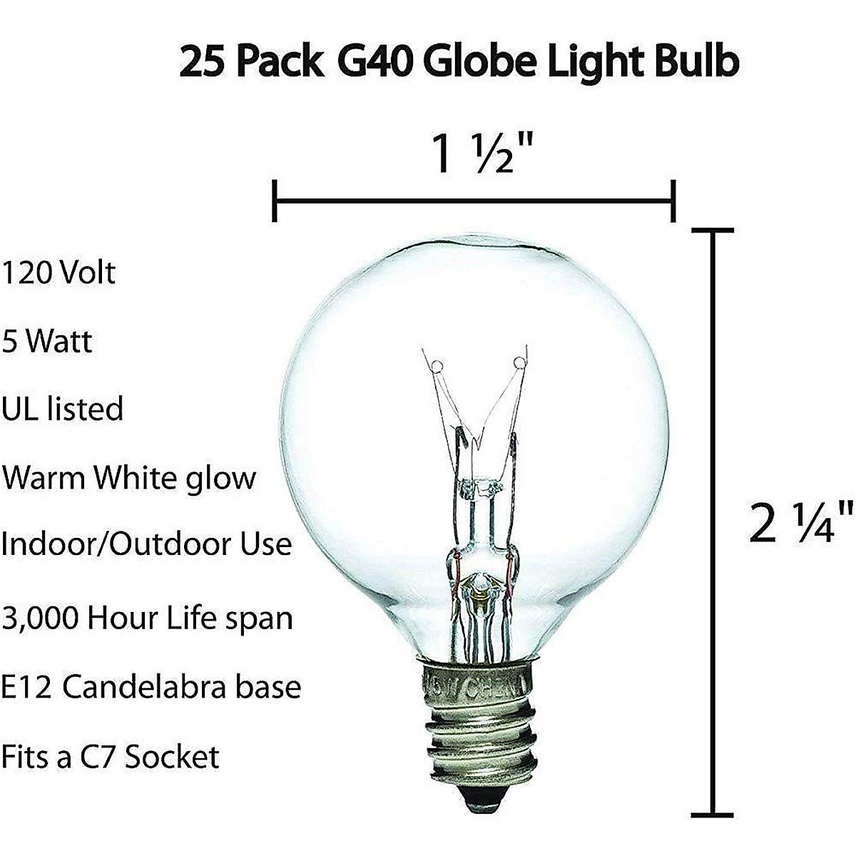 Konictom 25 Pack G40 Clear Globe Light Bulbs, 1.5 Inch Night Light Replacement Bulbs for Indoor Outdoor Patio Decor, C7 Candelabra Socket Base, 5W