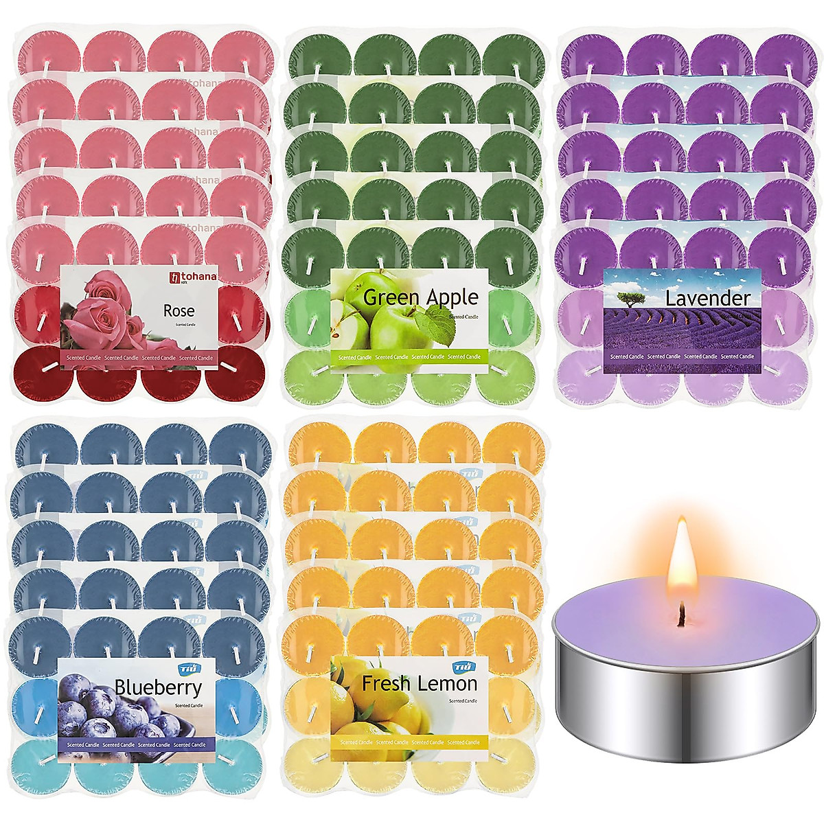 MTLEE 300 Pack Scented Candles Tea Light Candles Small Tea Lights with Essential Oils and Cotton Wick, 4 Hour Burn Time for Votive Home, Wedding and Holiday Rose Blueberry Apple Lemon Lavender