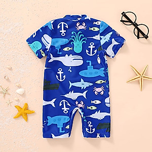 HAPPYMA Newborn Infant Baby Boys Swimsuit One-Piece Zipper Cartoon Fish Print Bodysuit Sunsuit Swimwear Bathing Suit (Blue, 0-3 Months)