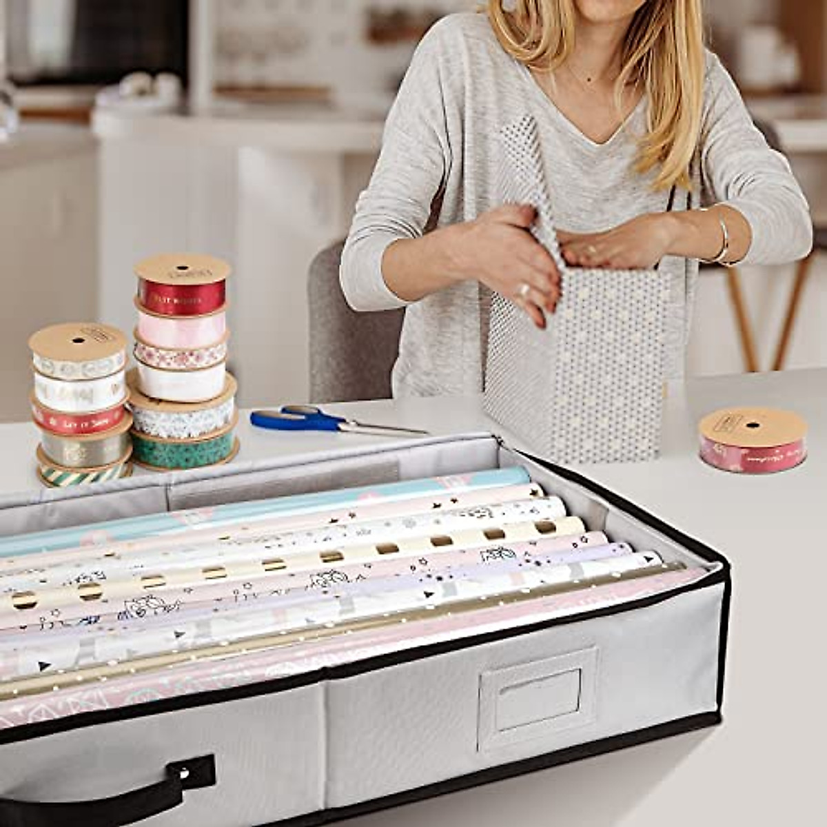 BALEINE Christmas Wrapping Paper Storage Organizer with Flexible Partitions and Pockets, 40" Durable 600D Oxford Fabric Gift Wrap Storage Bag Fits Ribbon, Ornaments, Holiday Accessories (Gray)