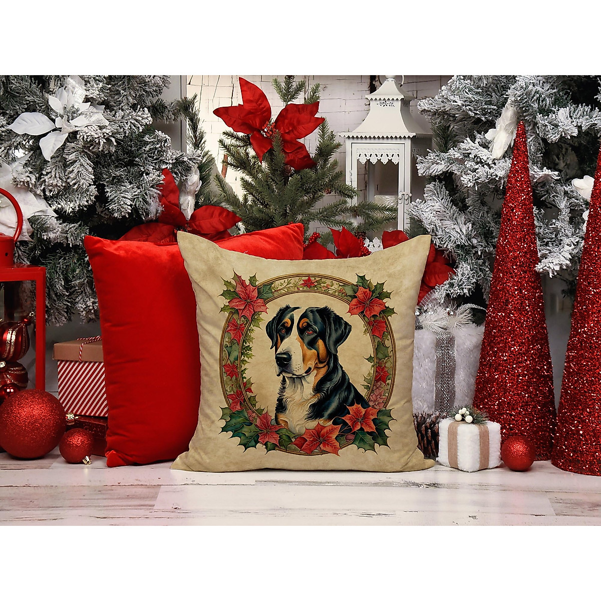 Caroline's Treasures DAC2373PW1414 Greater Swiss Mountain Dog Christmas Flowers Throw Pillow Machine Washable, Indoor Outdoor Decorative Pillow for Couch, Bed or Patio, 14Hx14W