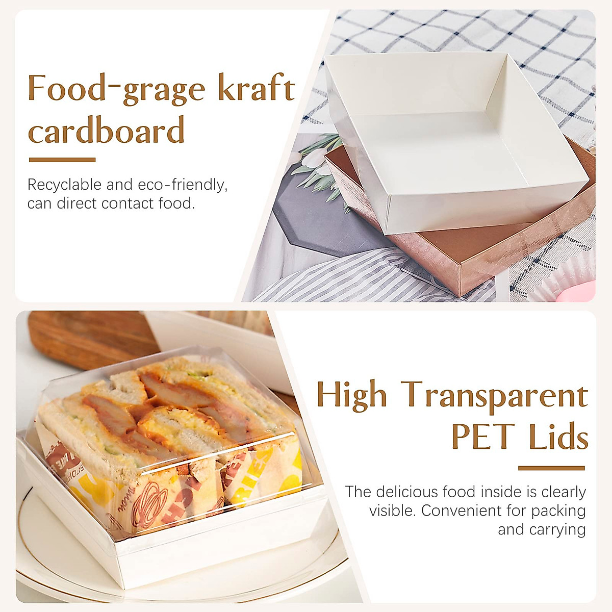 ZORRITA 50 Pack Paper Charcuterie Boxes with Clear Lids, 4 Inches Disposable Sandwich Boxes Square To Go Food Containers for Desserts, Strawberries, Cake Slice and Cookies (White)