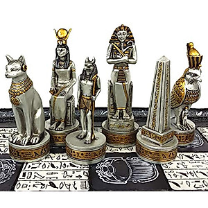 Egyptian Anubis Chess Set Black Silver and Gold Men with 16" Hieroglyphic Board