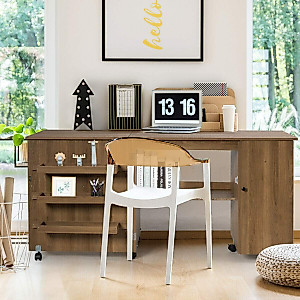 DORTALA Folding Sewing Table, Large Size Craft Cart w/Storage Shelves and Lockable Casters, Rolling Craft Station Sewing Table for Apartment Home, Portable Storage Cabinet for Small Space, Natural