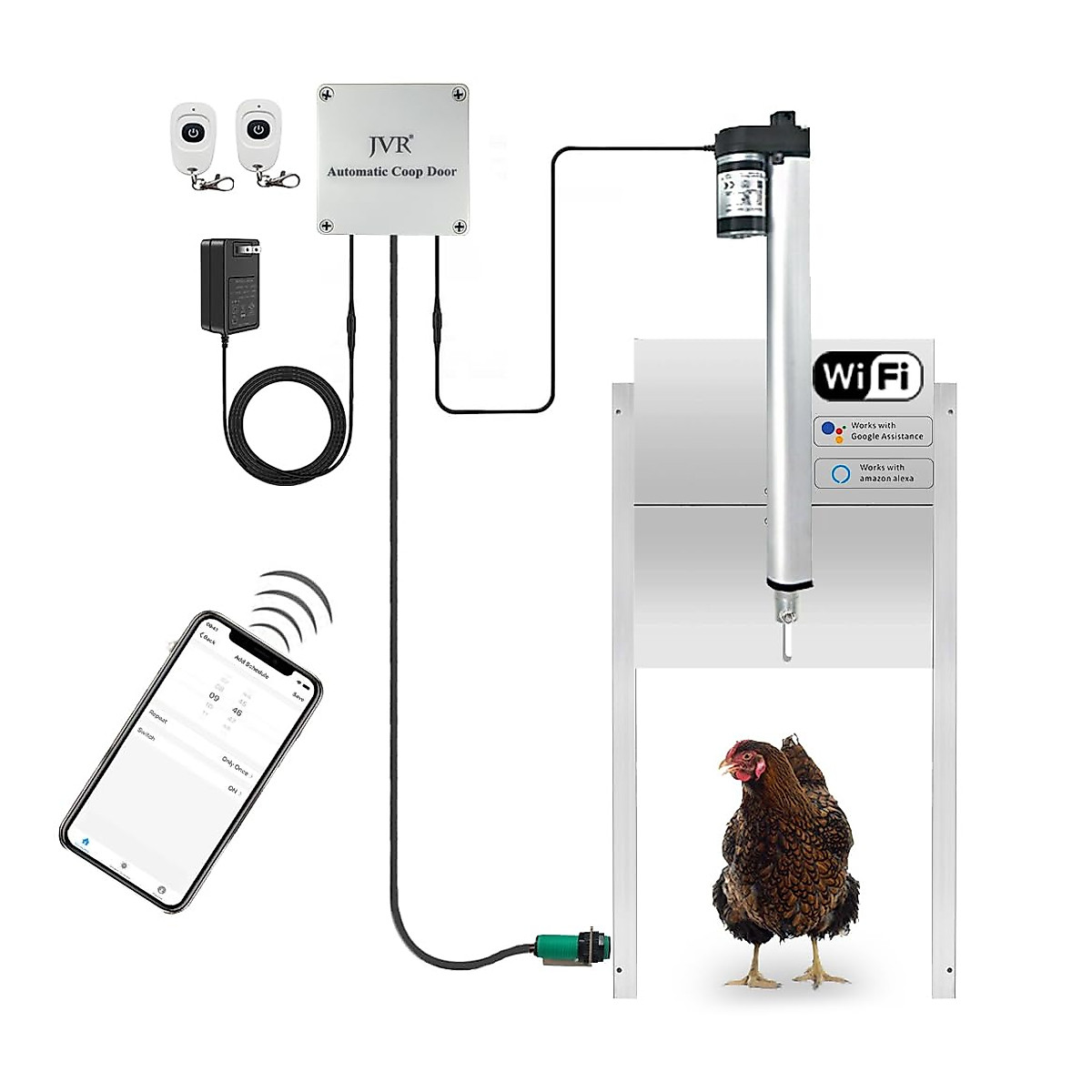 JVR Chicken Coop Door Automatic Smart 2.4 GHz WIFI Opener with Safety Mechanism, Work With Alexa & Google Assistant, Rainproof Sunrise/Sunset Timer Controller Actuator Motor APP/Remote (Smart Version)