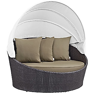 Modway Convene Wicker Rattan Outdoor Patio Retractable Canopy Round Poolside Sofa Daybed in Espresso Mocha