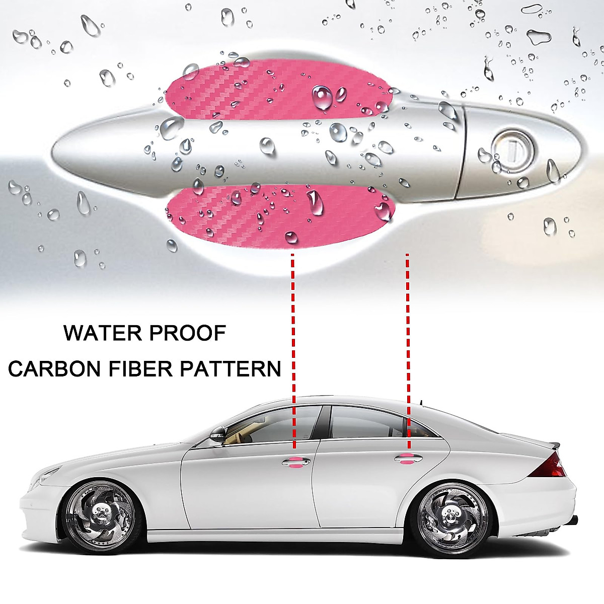 Msyuusr 4 PCS Car Door Handle Sticker, Carbon Fiber Anti-Scratches Car Door Cup Protector, Universal Auto Door Handle Protective Film for Most Car Handles (Pink)