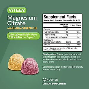Magnesium Citrate Gummies for Adults & Teens - Maximum Strength 255mg, Supports Calm Mood, Optimal Relaxation, Muscle Function - Vegan, Gelatin Free - Tasty Chewable Raspberry & Peach Flavored Gummy