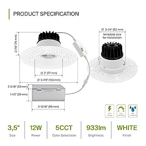 ASD Trimless 3 Inch LED Recessed Light, 12W 120V Commercial LED Downlight, Canless Dimmable LED Downlights for Ceiling with J-Box, 5 CCT 2700K-5000K, CRI 90+, IC Rated, ETL, Energy Star, White 18 Pack