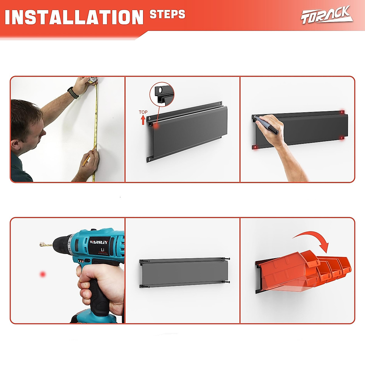 TORACK Wall-Mounted Storage Bins - 8 Plastic Bins & 2 Metal Tracks for Tools Organization in Garage, Craft Room, and Shop(Orange)