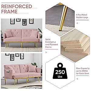 Antetek Convertible Futon Sofa Bed, 59-inch Modern Velvet Sleeper Sofa Small Loveseat with Two Pillows, 3 Adjustable Positions and 6 Golden Metal Legs Furniture for Living Room and Bedroom, Pink