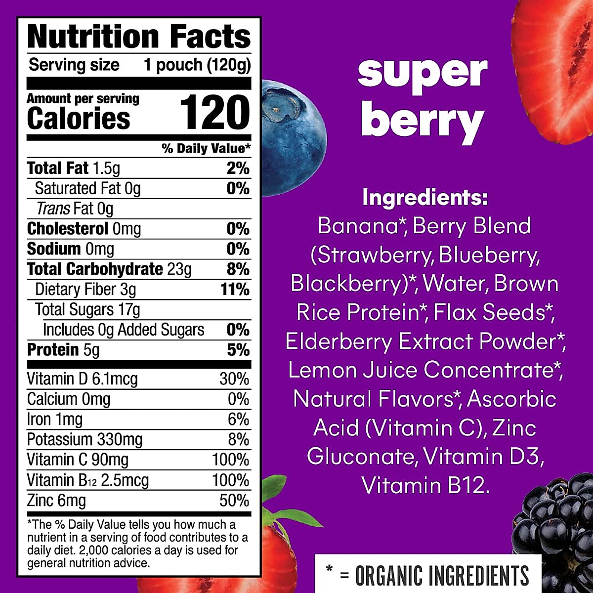 Noka Superfood Fruit Smoothie Pouches, Super Berry with Immune Support, Healthy Snacks with Elderberry, Flax Seed, Plant Protein, and Prebiotic Fiber, Gluten Free and Vegan, 4.22 oz, 12 Count