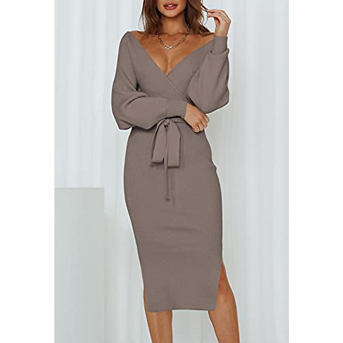 Pink Queen Womens V Neck Sweater Wrap Dresses Batwing Sleeve Sexy Backless Bodycon Slit Maxi Knit Dress with Belt Khaki L