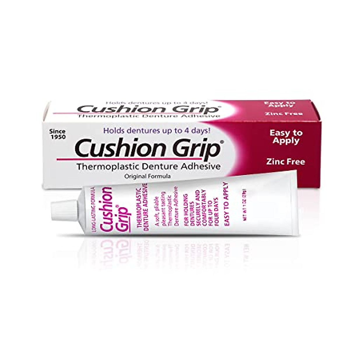 Cushion Grip Thermoplastic Denture Adhesive for Refitting and Tightening Loose Dentures [Not a Glue Adhesive, Acts Like a Soft Reliner] (1 Oz) Hold Dentures for Up to 4 Days.
