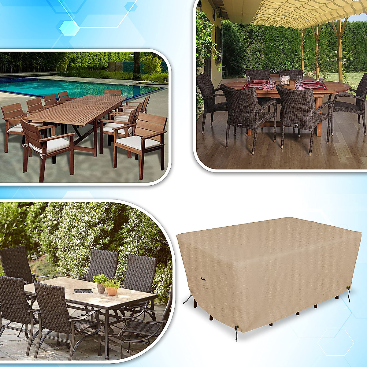 Patio Table & Chair Set Cover 600 D Polyester Oxford Fabric - Water Repellent Outdoor Rectangle Dining Table Cover with Padded Handles, Air Pockets & Drawstring (Beige, 57” L X 45” D X 25” H)