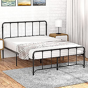 Hosslly Black Metal Full Bed Frame with Headboard and Storage 12 inch Platform No Box Spring Needed Easy Assembly