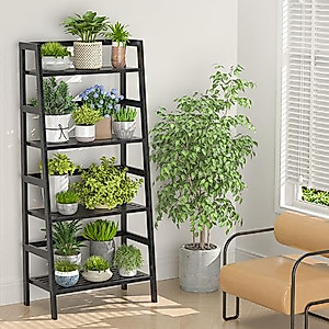 Homykic 4-Tier Black Bookshelf Ladder Shelf, Bamboo 49.2” Open Book Shelf Bookcase Ladder Shelves Freestanding Bathroom Storage Shelf Unit Plant Stand for Living Room, Bedroom, Office, Easy Assembly