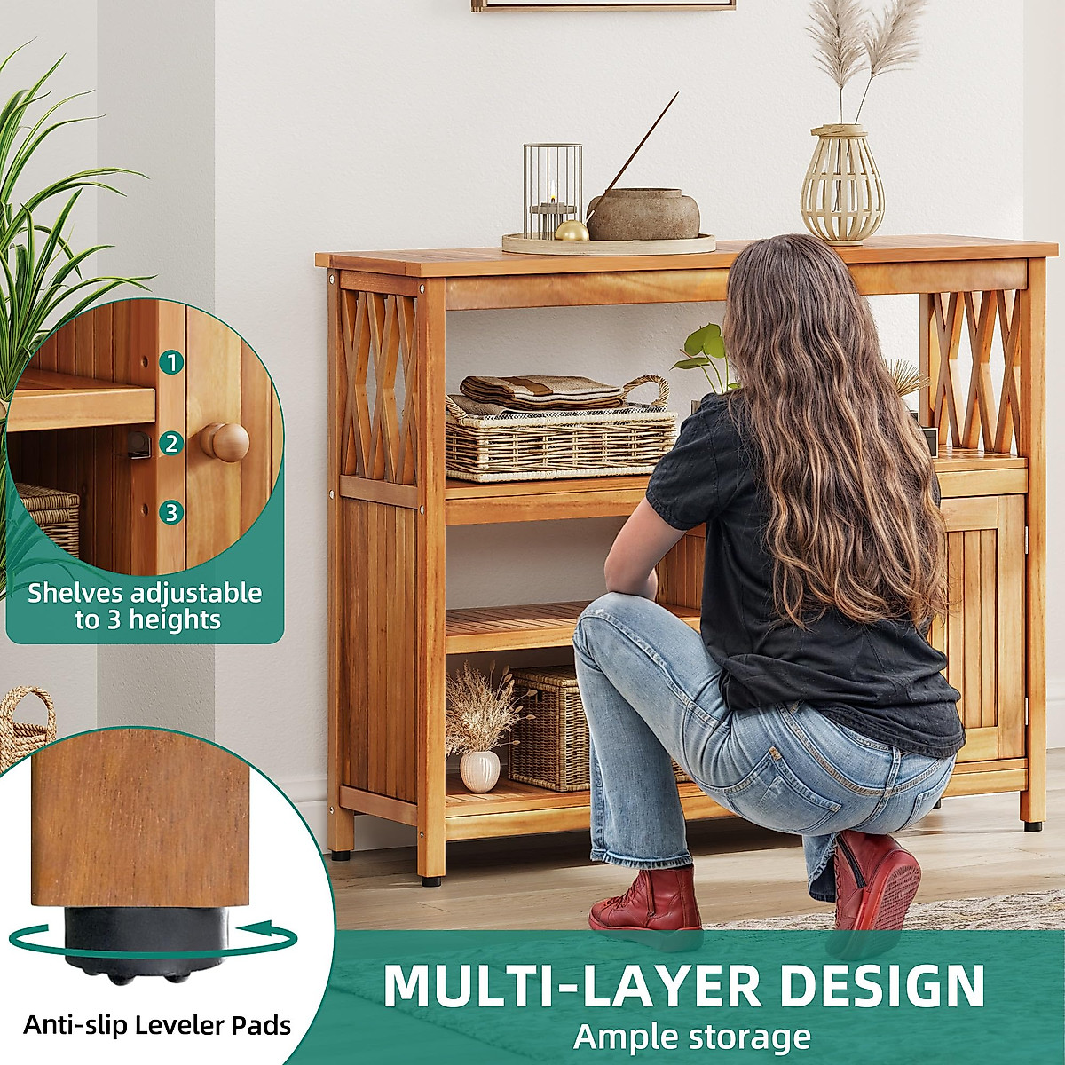 YITAHOME Acacia Wood Patio Bar Table with Storage and Shelves, Outdoor Sideboard Storage Cabinet for Outdoor and Indoor Use, Suitable for Garden Patio Balcony Living Room, Natural