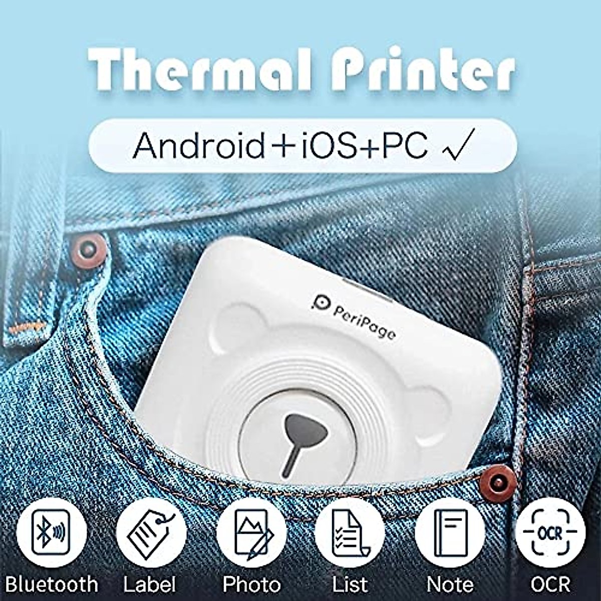 Mini Thermal Photo Printer, Wireless Picture Label Memo Receipt Paper Printer with Bluetooth 203DPI, Suitable for Android iOS Window (Red)
