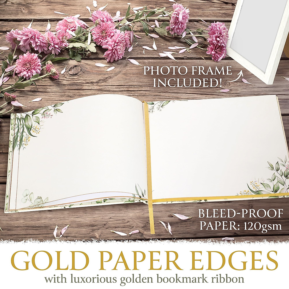 Wedding Guest Book with Photo Frame - Elegant Flower Design Hardcover with Golden Edges Wedding Guest Book - 120 Pages for Wedding Reception, Bridal Shower, and Special Events
