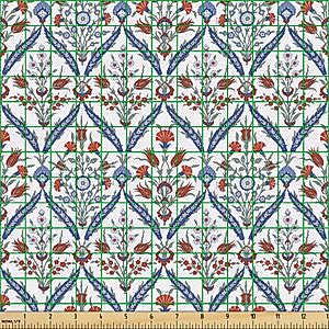 Ambesonne Ottoman Fabric by The Yard, Turkish Traditional Ceramic Tulip Patterns with Cultural Ottoman Royal Lines Design, Decorative Fabric for Upholstery and Home Accents, 1 Yard, Dark Coral