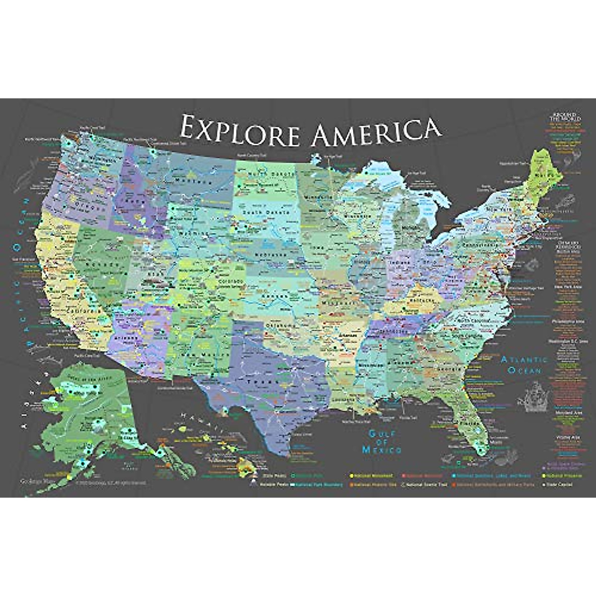 National Parks Map Poster with 600+ NPS Site and USA Travel Destinations - Slate Edition (24W x 18H inches)