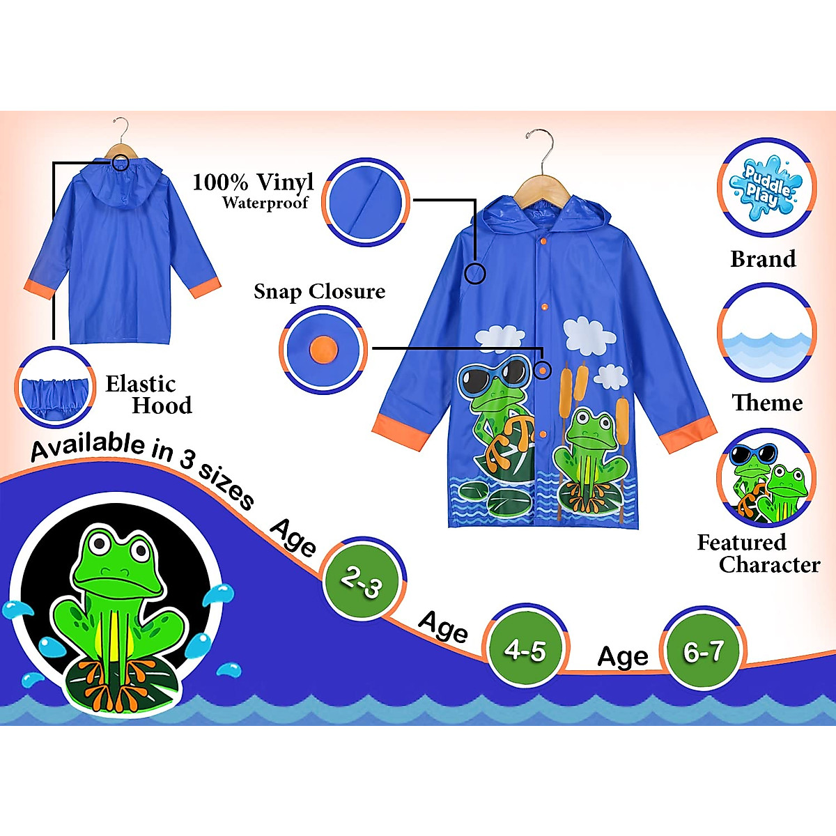 Puddle Play Little Boys Frog Rain Slicker Outwear Hooded - Size 4-5