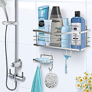 ODesign Adhesive Shower Caddy Shelf With Soap Dish Holder for Shampoo Conditioner Sponge Razor Kitchen Bathroom Basket Organizer Wall Mounted Stainless Steel Removable 2 Hooks